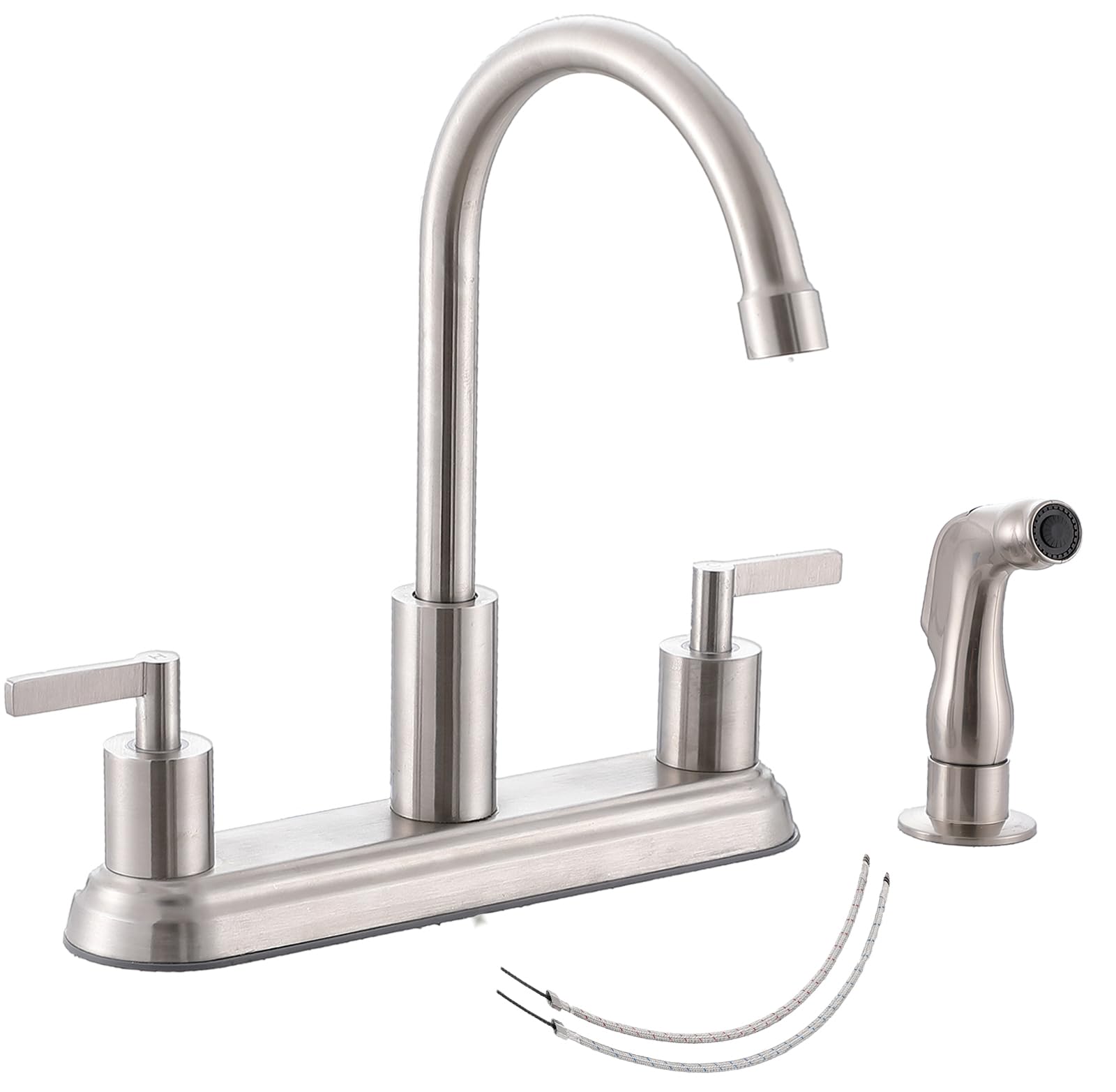 IKEBANA Brushed Nickel Kitchen Faucet 2 Handle 3 or 4 Hole Kitchen Sink Faucet with Sprayer Commercial Lead-Free 360 Swivel High Arc Stainless Steel Kitchen Faucet for Rv Laundry Farmhouse Bar Sink