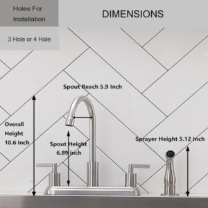 IKEBANA Brushed Nickel Kitchen Faucet 2 Handle 3 or 4 Hole Kitchen Sink Faucet with Sprayer Commercial Lead-Free 360 Swivel High Arc Stainless Steel Kitchen Faucet for Rv Laundry Farmhouse Bar Sink