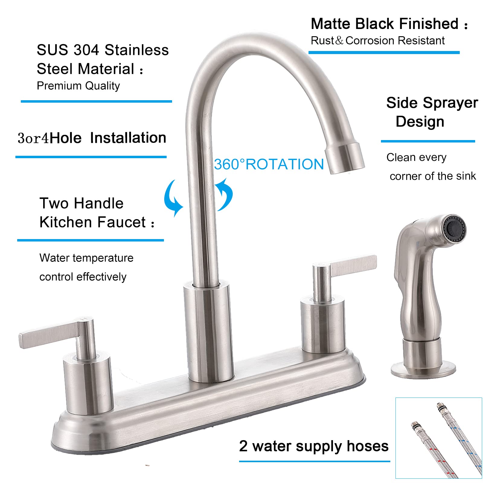 IKEBANA Brushed Nickel Kitchen Faucet 2 Handle 3 or 4 Hole Kitchen Sink Faucet with Sprayer Commercial Lead-Free 360 Swivel High Arc Stainless Steel Kitchen Faucet for Rv Laundry Farmhouse Bar Sink