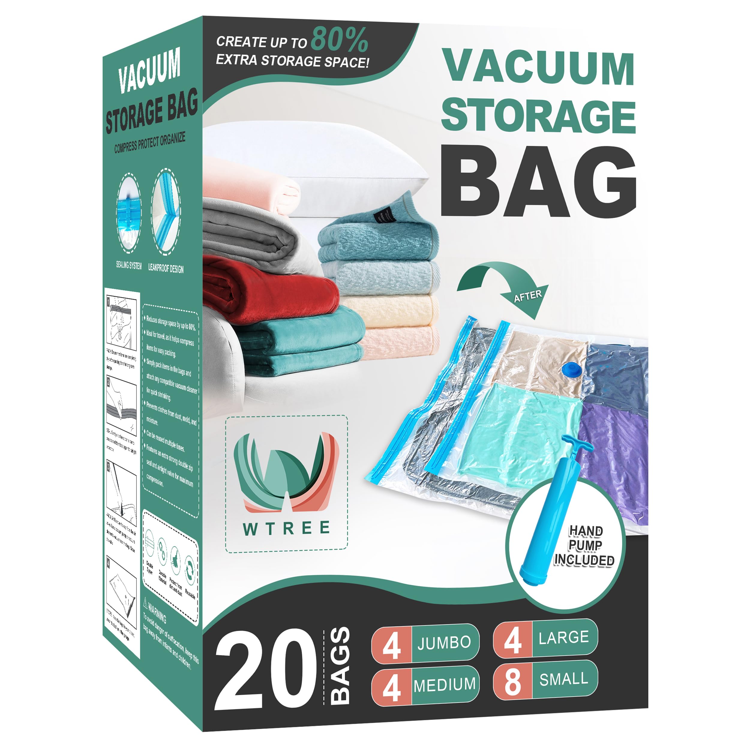 WTREE 20 Pack Vacuum Storage Bags, Space Saver Bags (4 Jumbo/4 Large/4 Medium/8 Small) Vacuum Sealed Bags for Comforters, Blankets, Clothes Storage, Hand Pump Included