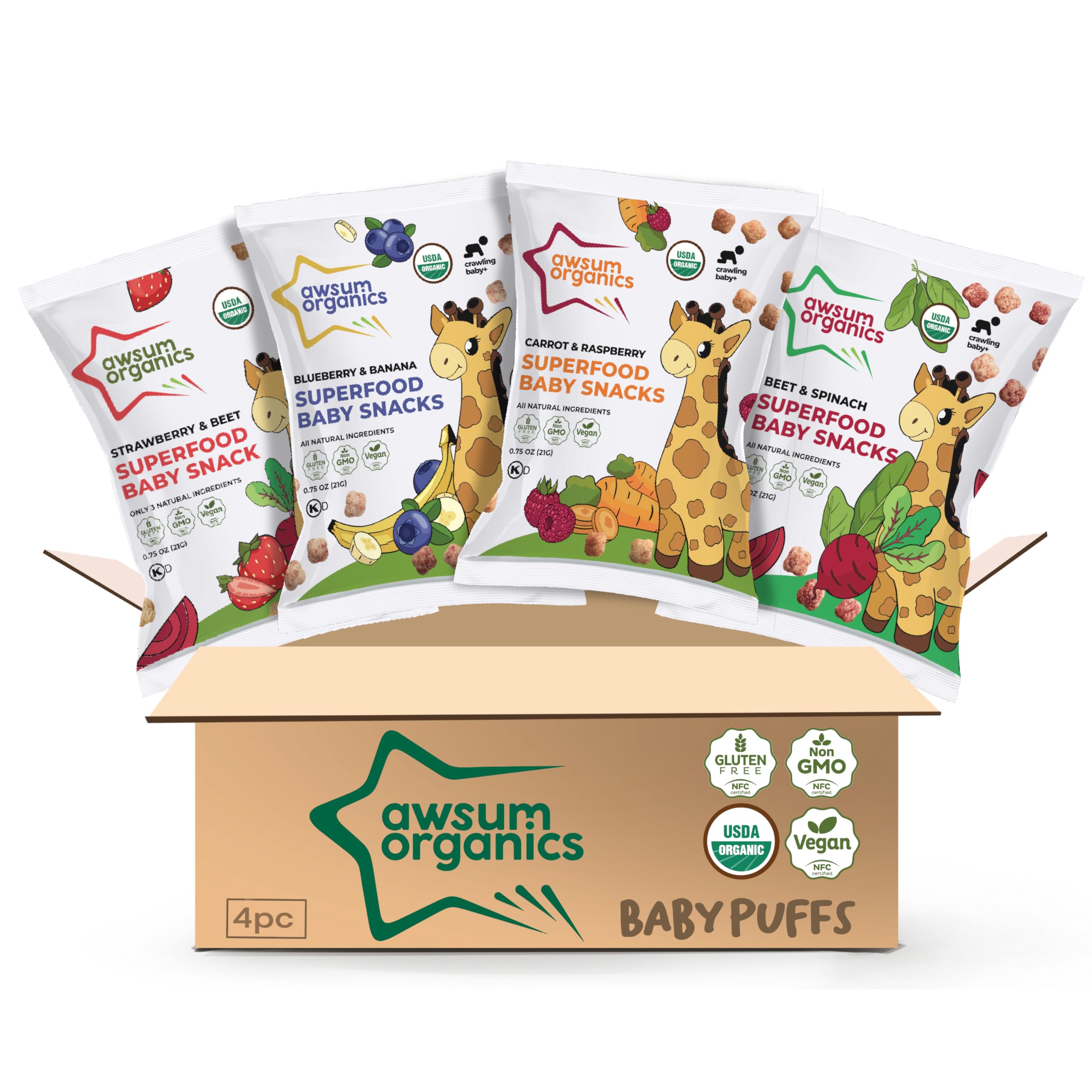 Awsum Organics Baby Snacks - Happy Healthy Baby Food - Snack for babies - Vegan Kosher Gluten Free - Natural Plant Based Protein Puffs - Non-Allergy - No Added Sugar 0.75 Oz Bag (Variety, 4 packs).