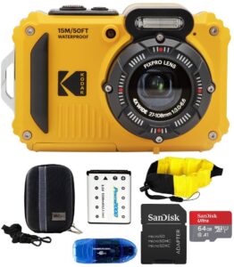 kodak pixpro wpz2 waterproof digital camera bundle, includes: sandisk 64gb microsd memory card, spare battery and more (6 items) (yellow)