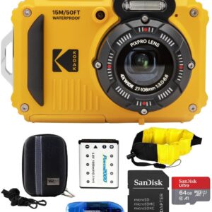 KODAK PIXPRO WPZ2 Waterproof Digital Camera Bundle, Includes: SanDisk 64GB MicroSD Memory Card, Spare Battery and More (6 Items) (Yellow)