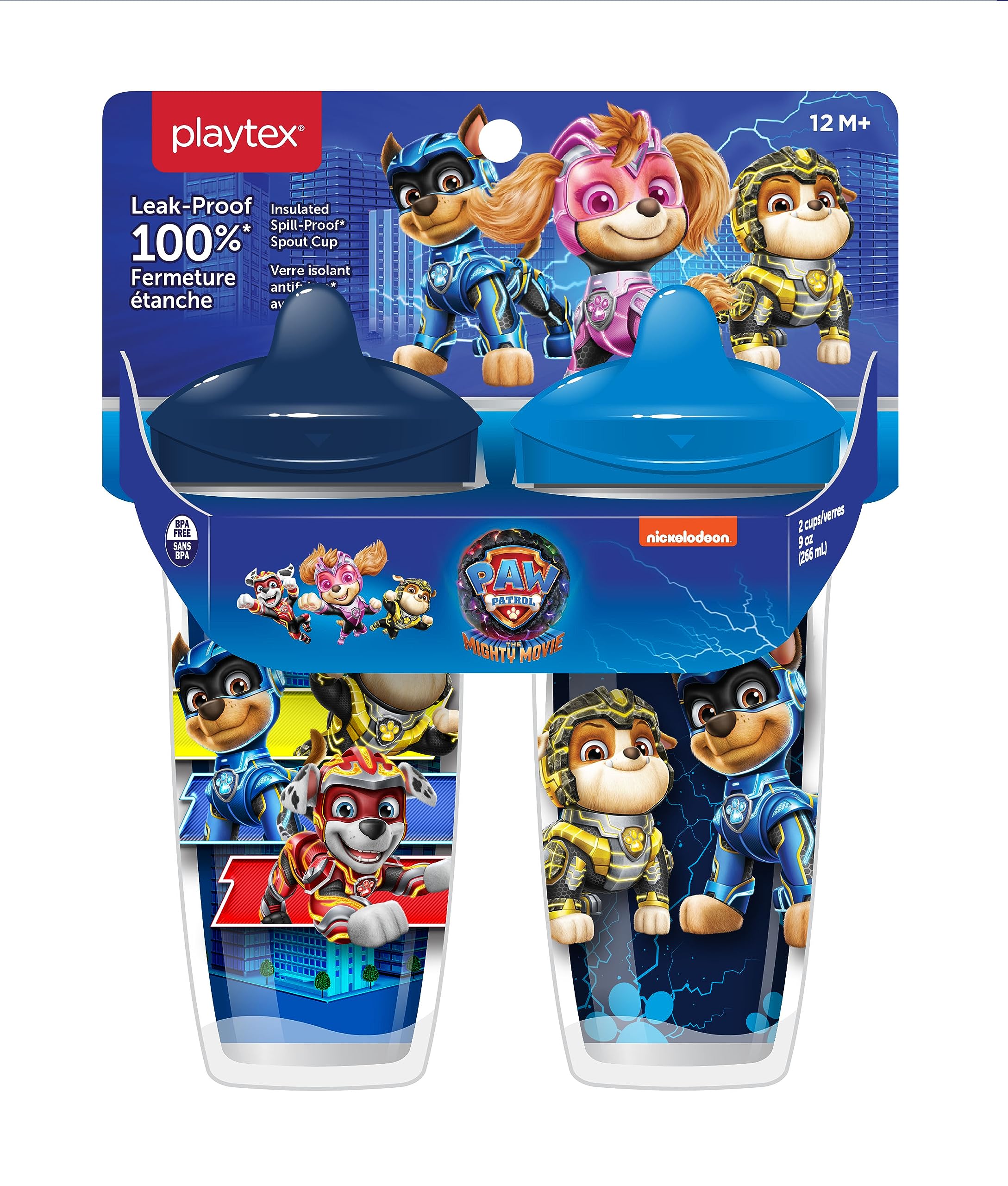 Playtex Baby Sipsters Stage 3 PAW Patrol Spout Cups, Spill-Proof, Leak-Proof, Break-Proof - Red & Blue, 9 Oz, 2 Count