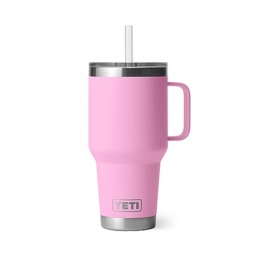 YETI Rambler 35 oz Tumbler with Handle and Straw Lid, Travel Mug Water Tumbler, Vacuum Insulated Cup with Handle, Stainless Steel, Power Pink