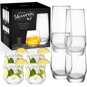 kitchen lux tall & short drinking glasses set of 8-4 tall water glasses and 4 short glass cups set - elegant drinkware - deluxe glassware sets for highball sparkling cocktails, wine, beer, whiskey