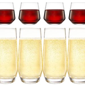 Kitchen Lux Tall & Short Drinking Glasses Set of 8-4 Tall Water Glasses and 4 Short Glass Cups Set - Elegant Drinkware - Deluxe Glassware Sets for Highball Sparkling Cocktails, Wine, Beer, Whiskey