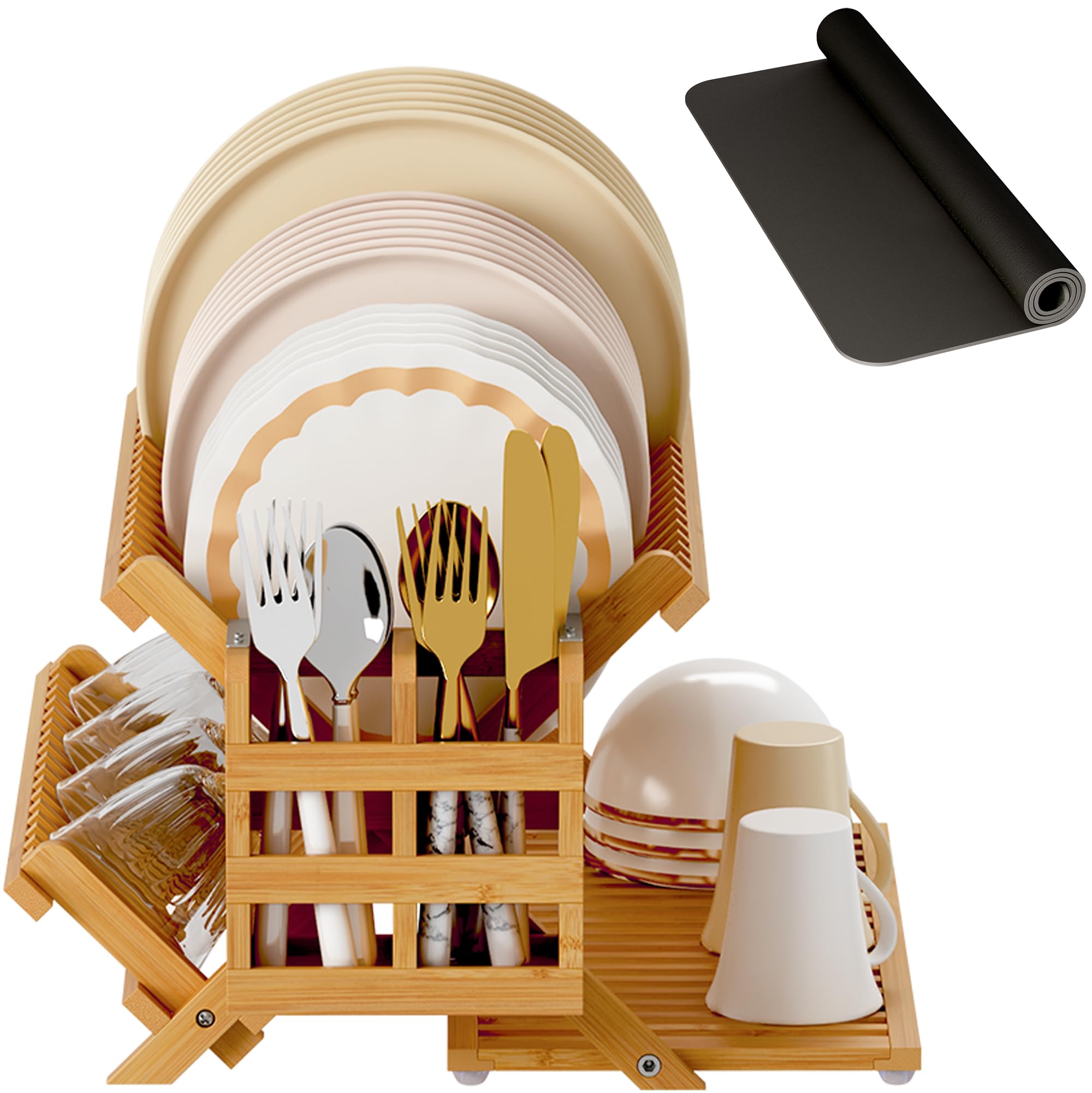 Greenual Bamboo Dish Drying Rack with Utensil Holder, 3 Tier Collapsible Dish Rack, Wooden Dish Racks for Kitchen Counter, Large Folding Drying Holder with Absorbent Dish Drying Mat