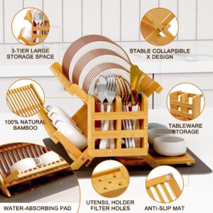 Greenual Bamboo Dish Drying Rack with Utensil Holder, 3 Tier Collapsible Dish Rack, Wooden Dish Racks for Kitchen Counter, Large Folding Drying Holder with Absorbent Dish Drying Mat