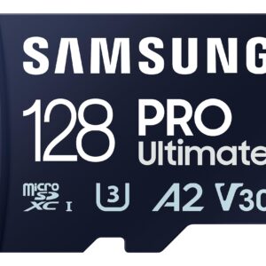 SAMSUNG PRO Ultimate microSD Memory Card + Adapter, 128GB microSDXC, Up to 200 MB/s, 4K UHD, UHS-I, Class 10, U3,V30, A2 for GoPRO Action Cam, DJI Drone, Gaming, Phones, Tablets, MB-MY128SA/AM