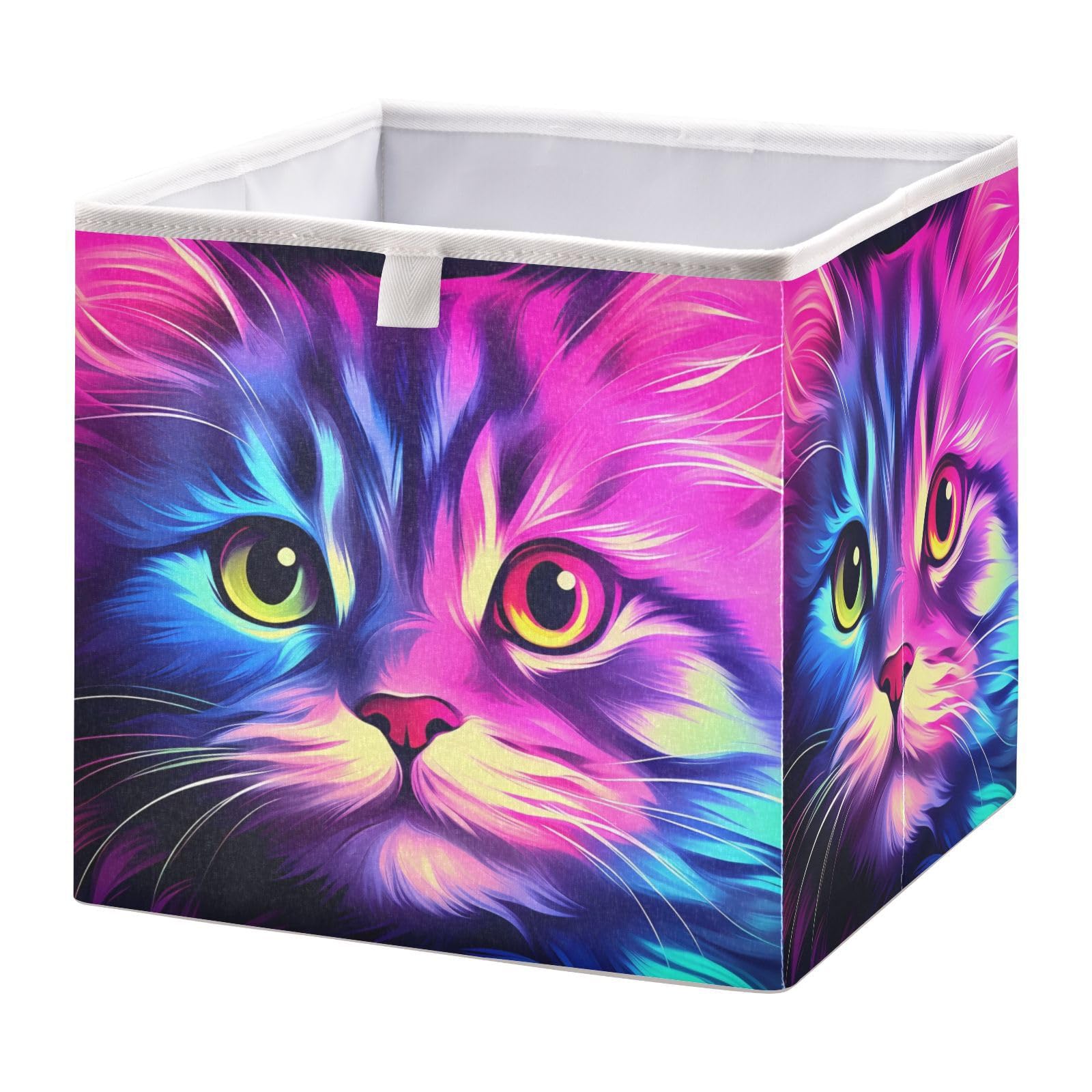 Vnurnrn Collapsible Storage Cube Shinning Purple Cat Print, Organizing Baskets with Support Board for Shelf Closet Cabinet 11×11×11 in