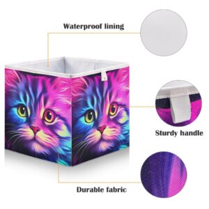 Vnurnrn Collapsible Storage Cube Shinning Purple Cat Print, Organizing Baskets with Support Board for Shelf Closet Cabinet 11×11×11 in