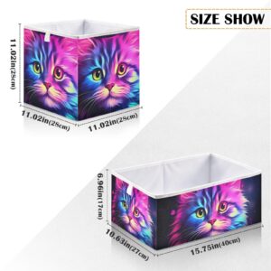 Vnurnrn Collapsible Storage Cube Shinning Purple Cat Print, Organizing Baskets with Support Board for Shelf Closet Cabinet 11×11×11 in