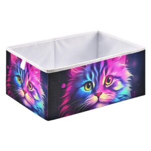 Vnurnrn Collapsible Storage Cube Shinning Purple Cat Print, Organizing Baskets with Support Board for Shelf Closet Cabinet 11×11×11 in