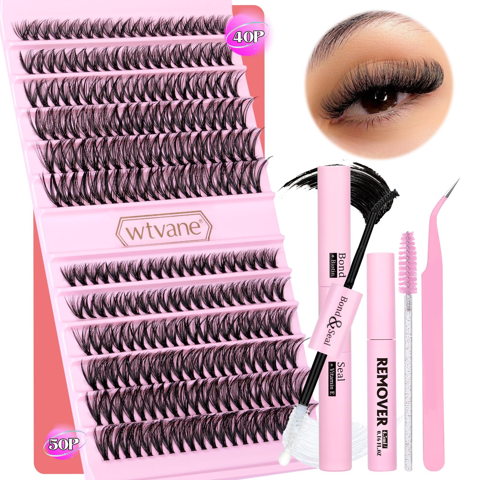 Lash Extension Kit 240PCS Individual Lashes 40D 50D 9-16MM Eyelash Extension Kit with Bond and Seal and Lash Remover and Applicators Lash Clusters Kit DIY at Home by wtvane (Kit-40D+50D-0.07D-9-16MIX)