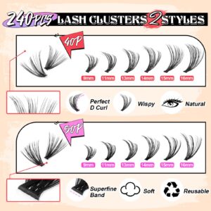 Lash Extension Kit 240PCS Individual Lashes 40D 50D 9-16MM Eyelash Extension Kit with Bond and Seal and Lash Remover and Applicators Lash Clusters Kit DIY at Home by wtvane (Kit-40D+50D-0.07D-9-16MIX)