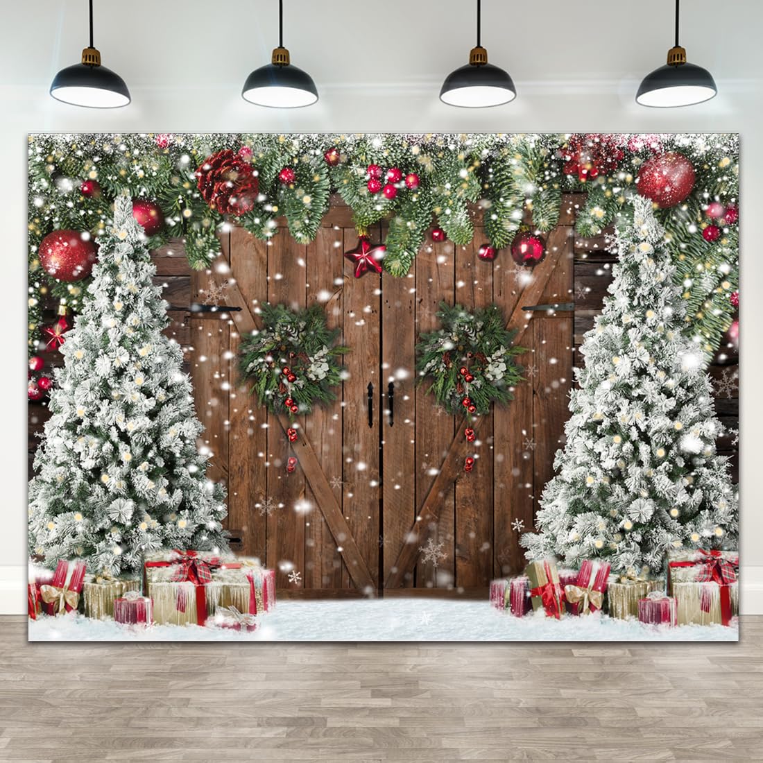 Wollmix Christmas Backdrops for Photography, Winter Rustic Barn Wood Door Photo Background Xmas Eve Tree Snow Banner Family Holiday Party Decoration Supplies Portraits Photo Booth Studio Props 7x5ft