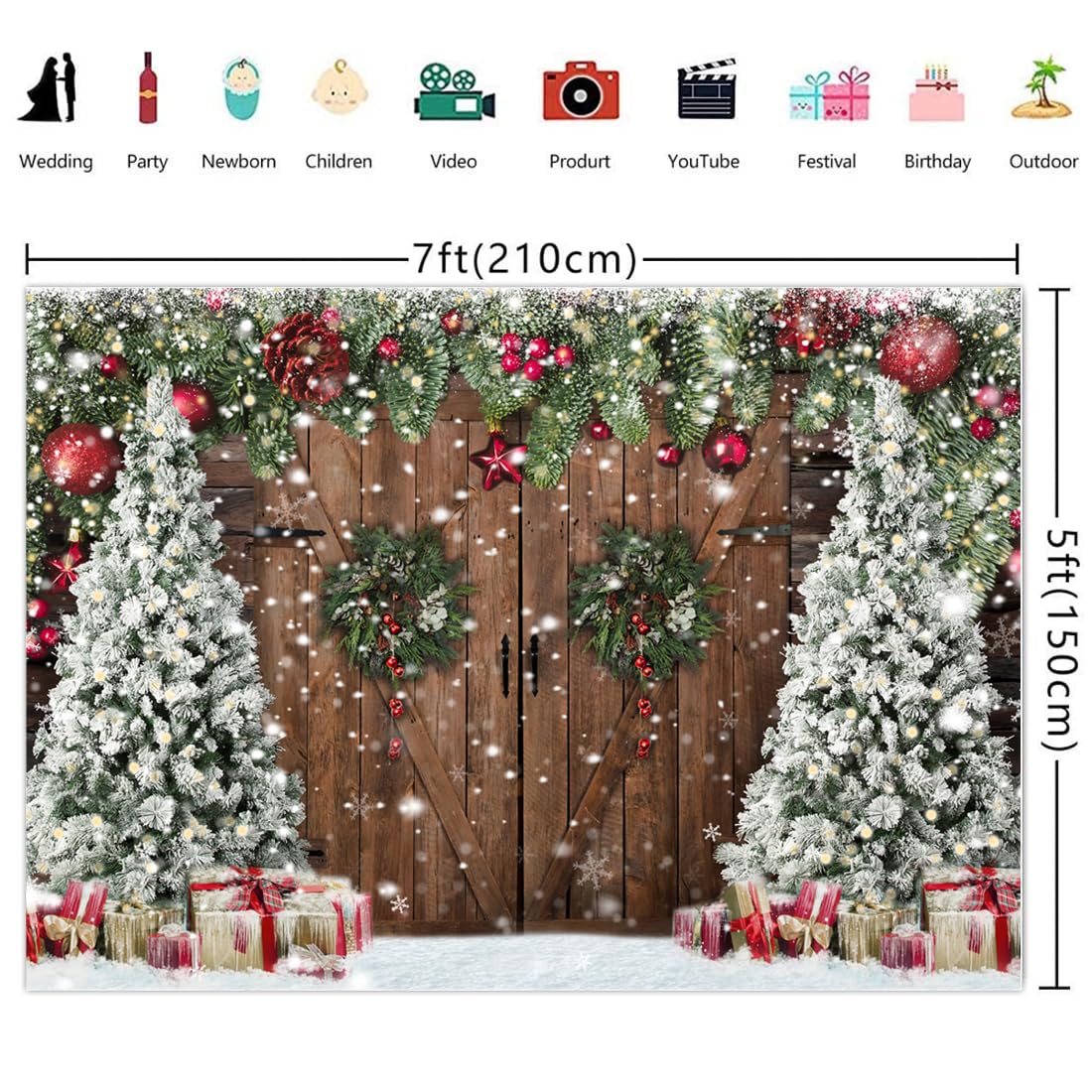 Wollmix Christmas Backdrops for Photography, Winter Rustic Barn Wood Door Photo Background Xmas Eve Tree Snow Banner Family Holiday Party Decoration Supplies Portraits Photo Booth Studio Props 7x5ft