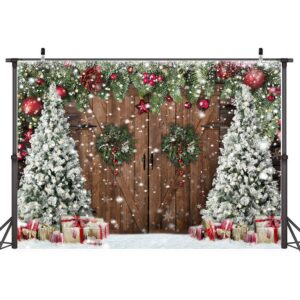 Wollmix Christmas Backdrops for Photography, Winter Rustic Barn Wood Door Photo Background Xmas Eve Tree Snow Banner Family Holiday Party Decoration Supplies Portraits Photo Booth Studio Props 7x5ft