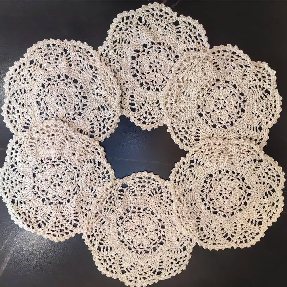 MULBESS Handmade Crochet Floral Pattern Round Cotton Lace Table Placemats Doilies Pack of 6, Round 8 Inch, Beige