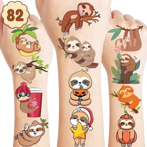 Sloth Temporary Tattoos Sticker for Kids 82 PCS Jungle Animal Themed Birthday Party Supplies Favors Decorations Gifts for Girls Boys Baby Showers Prizes Cute Tattoo School Reward Halloween Christmas