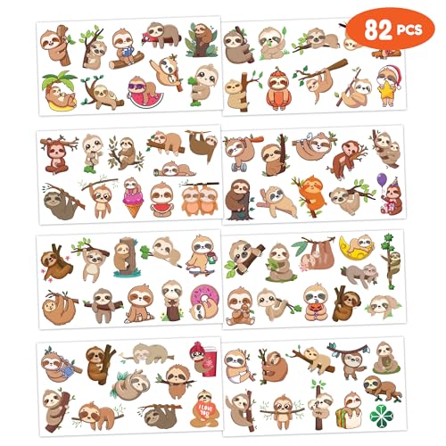 Sloth Temporary Tattoos Sticker for Kids 82 PCS Jungle Animal Themed Birthday Party Supplies Favors Decorations Gifts for Girls Boys Baby Showers Prizes Cute Tattoo School Reward Halloween Christmas