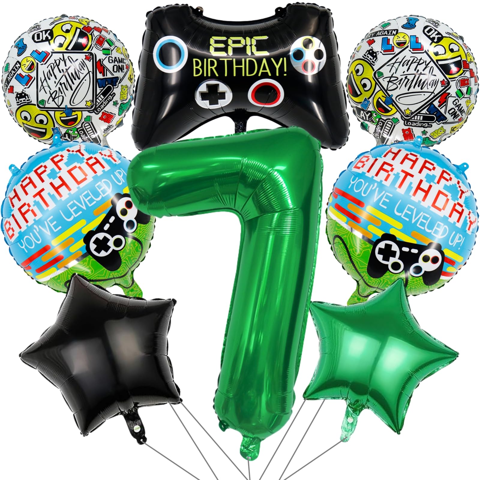 Video Game Party Balloons Include Game Controller Birthday Balloons Green Number 7 Foil Balloon Round Gaming Balloons Star Foil Balloons for Kids Boys 7th Birthday Decorations