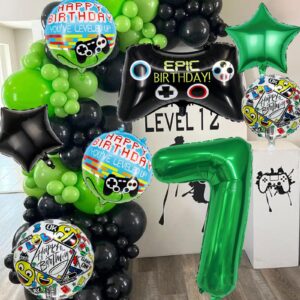 Video Game Party Balloons Include Game Controller Birthday Balloons Green Number 7 Foil Balloon Round Gaming Balloons Star Foil Balloons for Kids Boys 7th Birthday Decorations