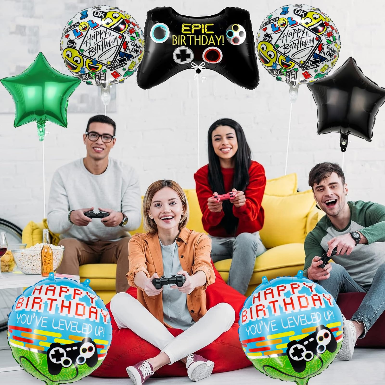 Video Game Party Balloons Include Game Controller Birthday Balloons Green Number 7 Foil Balloon Round Gaming Balloons Star Foil Balloons for Kids Boys 7th Birthday Decorations