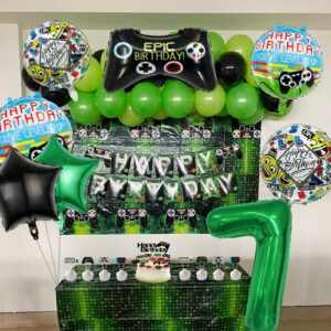 Video Game Party Balloons Include Game Controller Birthday Balloons Green Number 7 Foil Balloon Round Gaming Balloons Star Foil Balloons for Kids Boys 7th Birthday Decorations