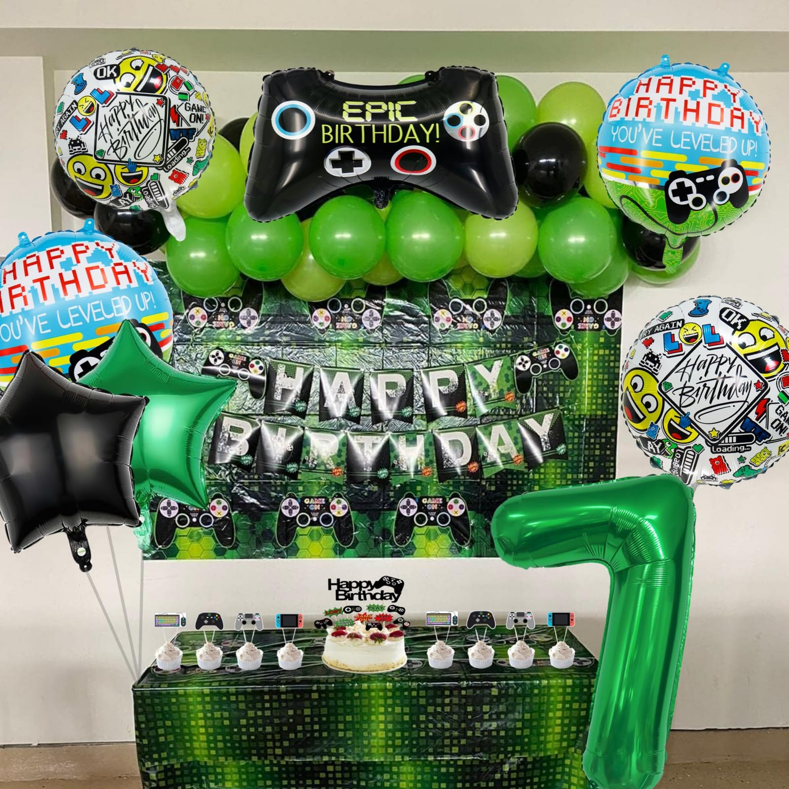 Video Game Party Balloons Include Game Controller Birthday Balloons Green Number 7 Foil Balloon Round Gaming Balloons Star Foil Balloons for Kids Boys 7th Birthday Decorations