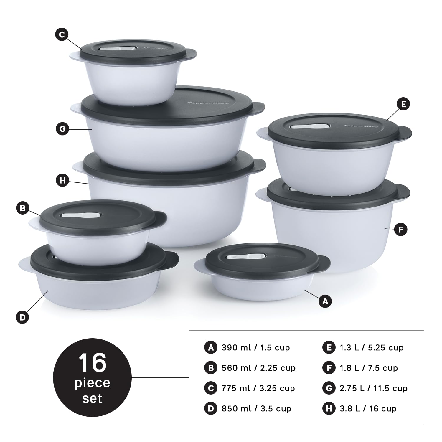 Tupperware Store Serve & Go 16 Piece Round Food Containers Set with Vent - Prep, Fridge & Reheat Meals + Lids - Dishwasher safe, Microwave safe & BPA Free (8 containers + 8 lids)