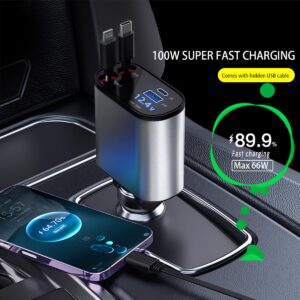 Kwak's Retractable Car Charger,100W Car Charger USB C, Car Charger Adapter with Retractable Cable,Car Charger Fast Charging Compatible with iPhone 15/15 Pro Max/14 Pro(Type C+Lightning)