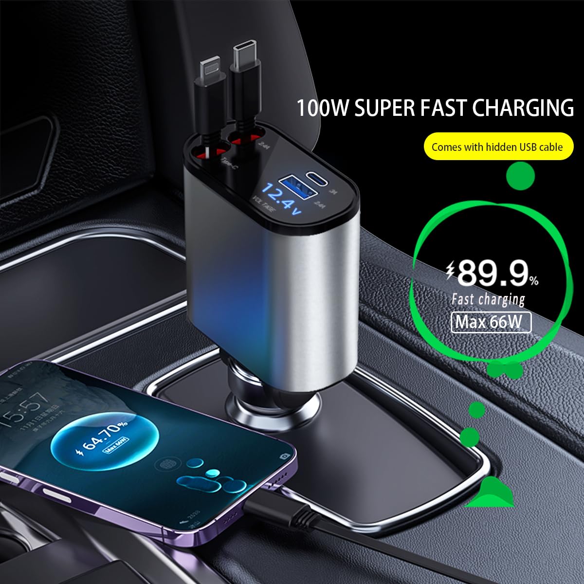 Kwak's Retractable Car Charger,100W Car Charger USB C, Car Charger Adapter with Retractable Cable,Car Charger Fast Charging Compatible with iPhone 15/15 Pro Max/14 Pro(Type C+Lightning)