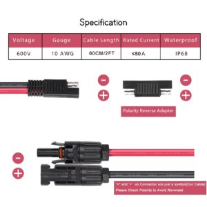 Vemote Solar Panel to SAE Adapter Cable 10AWG, SAE to Solar Connector Adapter Cable, 50Amps for Solar Panels RV Caravan Battery Charger Kit,with SAE Polarity Reverse Adapter (60Cm/2FT)