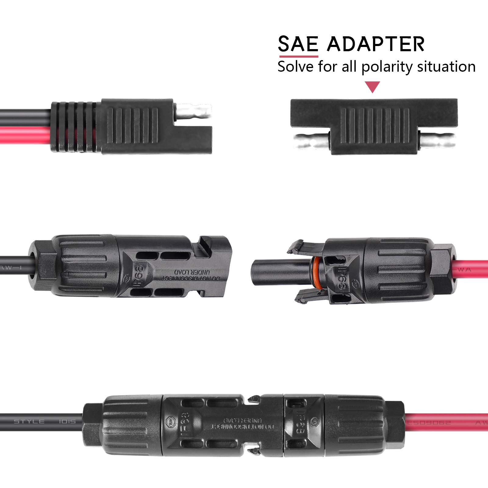 Vemote Solar Panel to SAE Adapter Cable 10AWG, SAE to Solar Connector Adapter Cable, 50Amps for Solar Panels RV Caravan Battery Charger Kit,with SAE Polarity Reverse Adapter (60Cm/2FT)