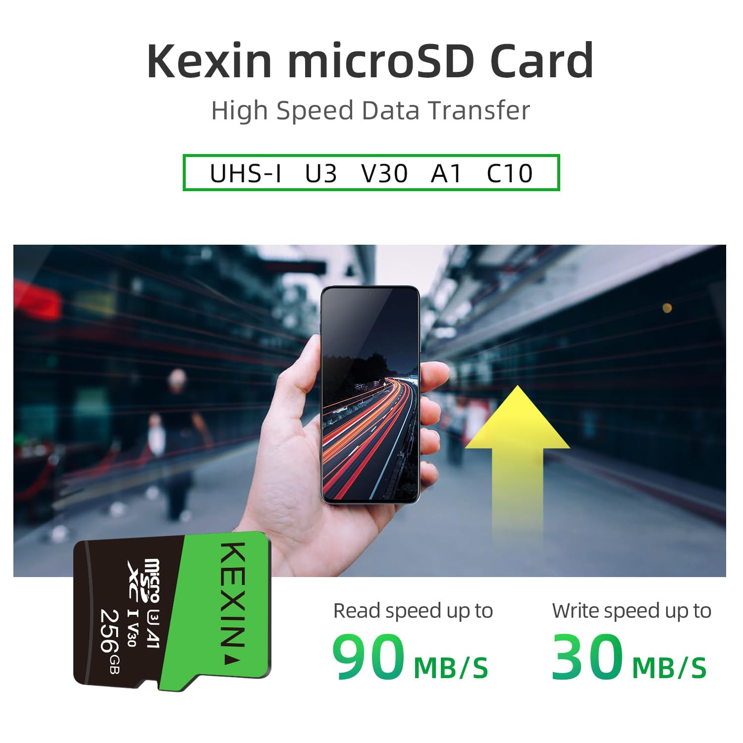 KEXIN Micro SD Card 256GB MicroSDHC UHS-I Flash Memory Card 256 GB Class 10 High Speed, C10, U3, V30, 4K UHD, A1, SD Adapter Include