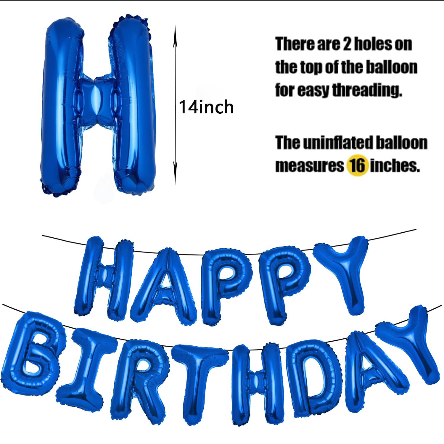 PIGETALE 16 Inch Royal Blue Happy Birthday Balloon Banner, 13pcs Letters with Aluminum Foil Inflatable Decorations, Unisex Party Supplies