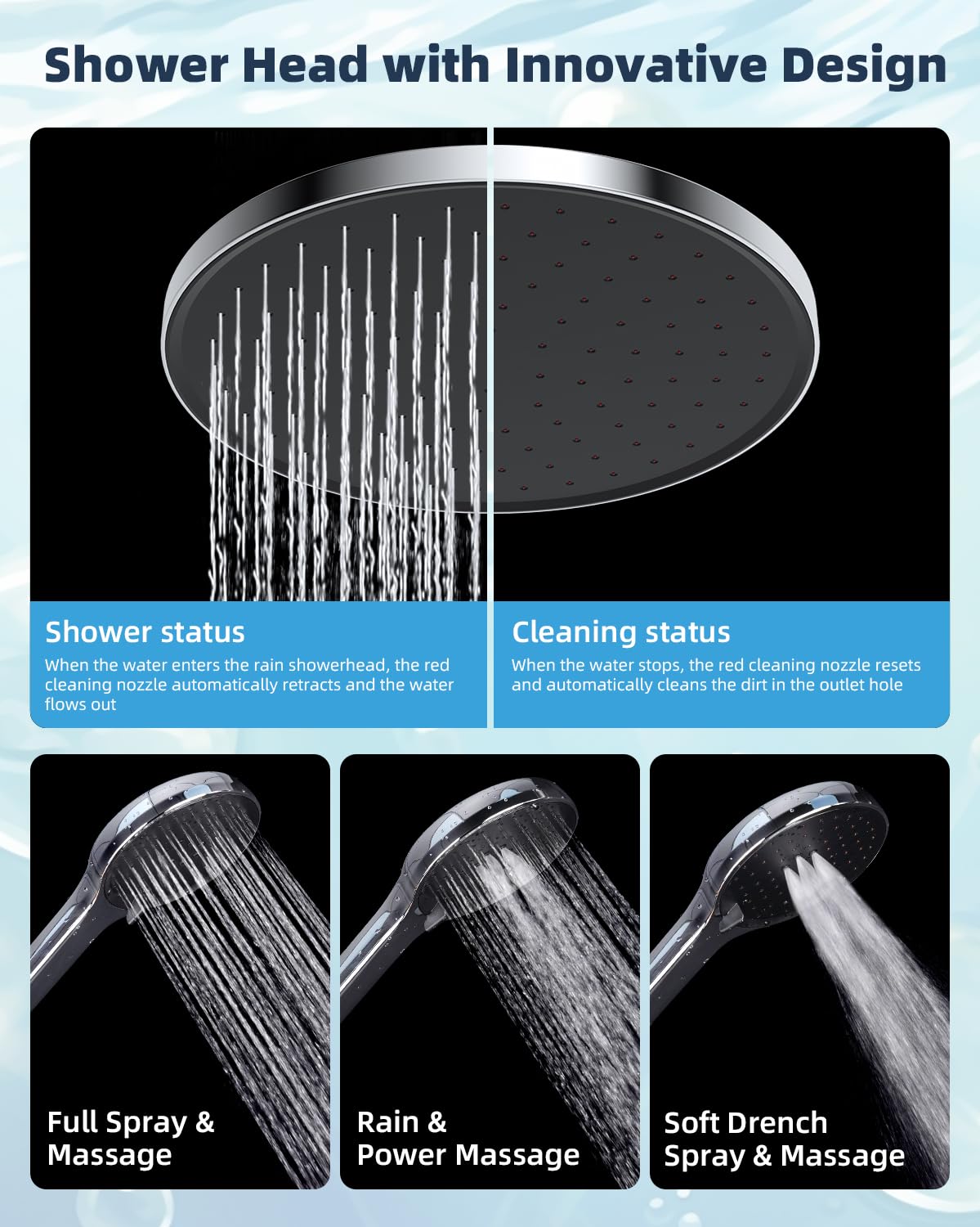 Hibbent Self-cleaning Shower Head, 10'' High Pressure Rainfall Shower Head, Showerhead Combo/Handheld Shower Head, 12'' Adjustable Curved Shower Extension Arm, 71'' Hose, 2 Shower Head Holders, Chrome