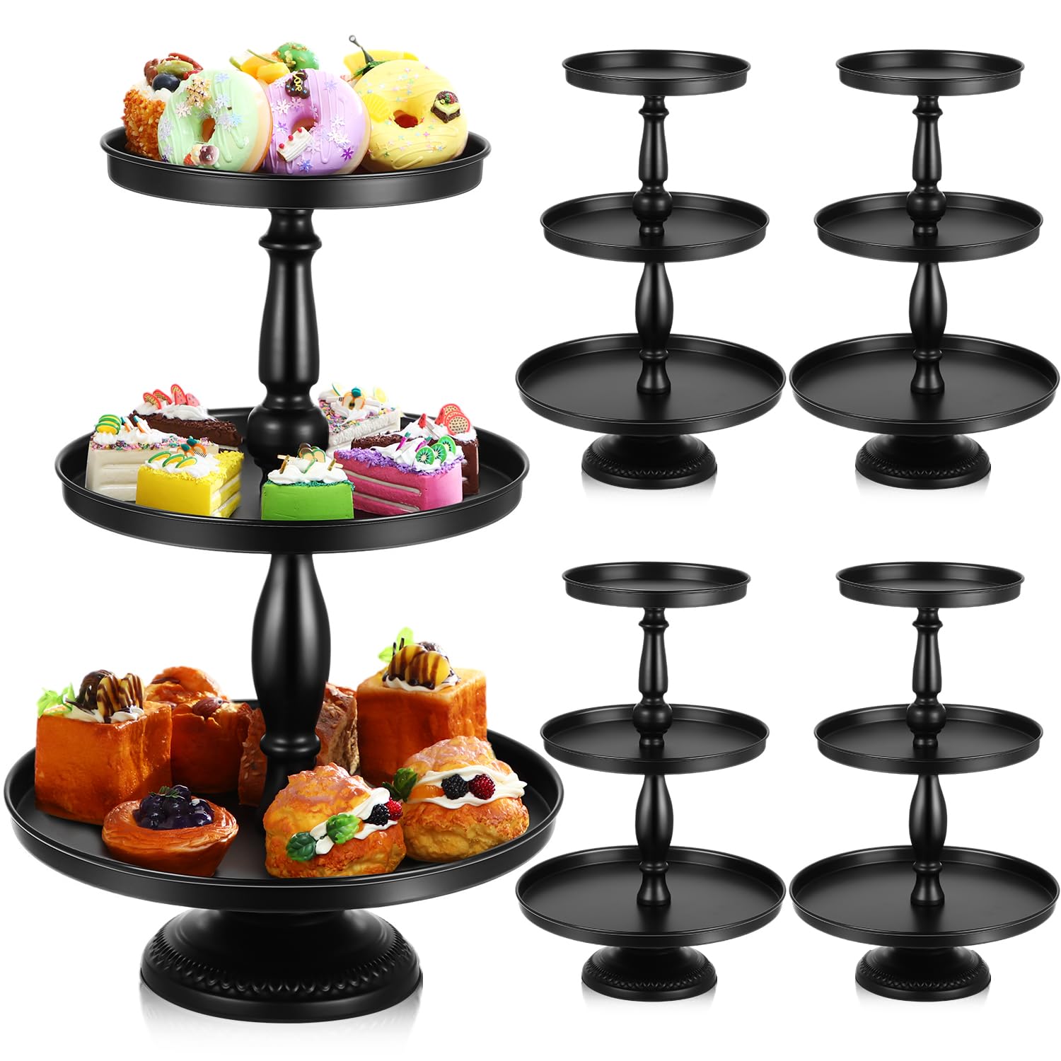 Tioncy 4 Pieces Black Tier Tray Cupcake Stand 3 Tier Metal Round Dessert Display Holder Decorative Tiered Serving Tray Fruit Tower for Birthday Party Wedding Anniversary