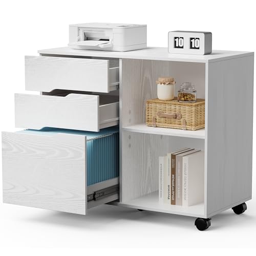 OLIXIS 3 Drawer Wood File Cabinet Small Mobile Lateral Filing Printer Stand Storage with Open Shelf Shelves for Home Office, White