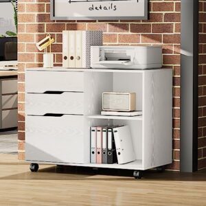 OLIXIS 3 Drawer Wood File Cabinet Small Mobile Lateral Filing Printer Stand Storage with Open Shelf Shelves for Home Office, White