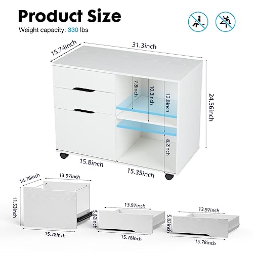 OLIXIS 3 Drawer Wood File Cabinet Small Mobile Lateral Filing Printer Stand Storage with Open Shelf Shelves for Home Office, White