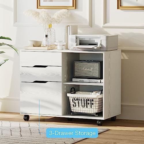 OLIXIS 3 Drawer Wood File Cabinet Small Mobile Lateral Filing Printer Stand Storage with Open Shelf Shelves for Home Office, White