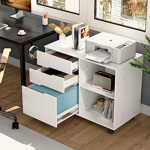 OLIXIS 3 Drawer Wood File Cabinet Small Mobile Lateral Filing Printer Stand Storage with Open Shelf Shelves for Home Office, White