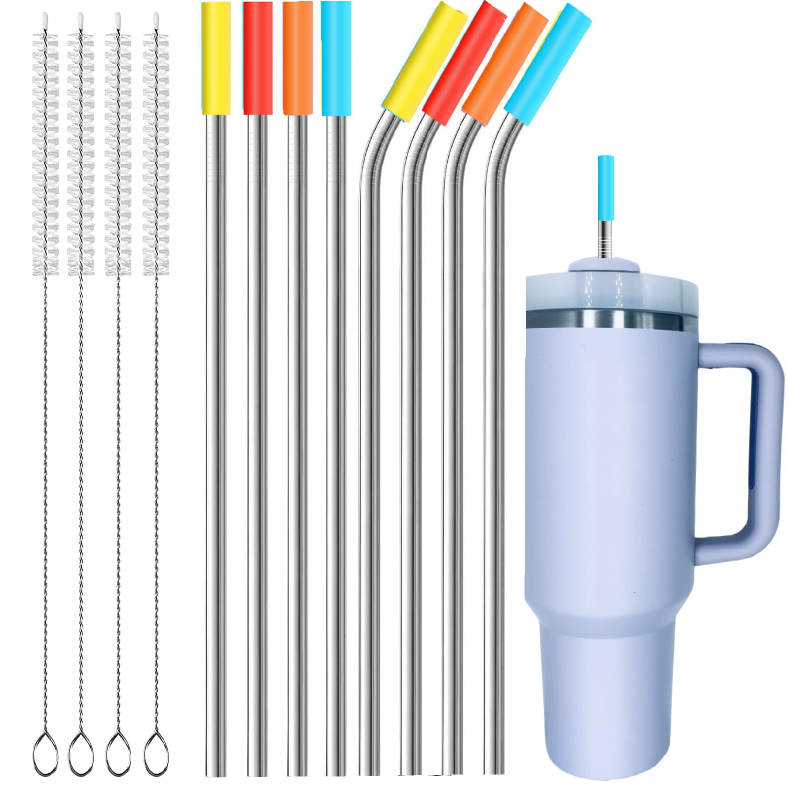 Stainless Steel Straw Replacement Fits for Stanley Adventure Travel Tumbler and Simple Modern 40 oz Tumblers - 8 Reusable Metal Straws with Silicone Tips and 4 Cleaning Brushes (Silver)