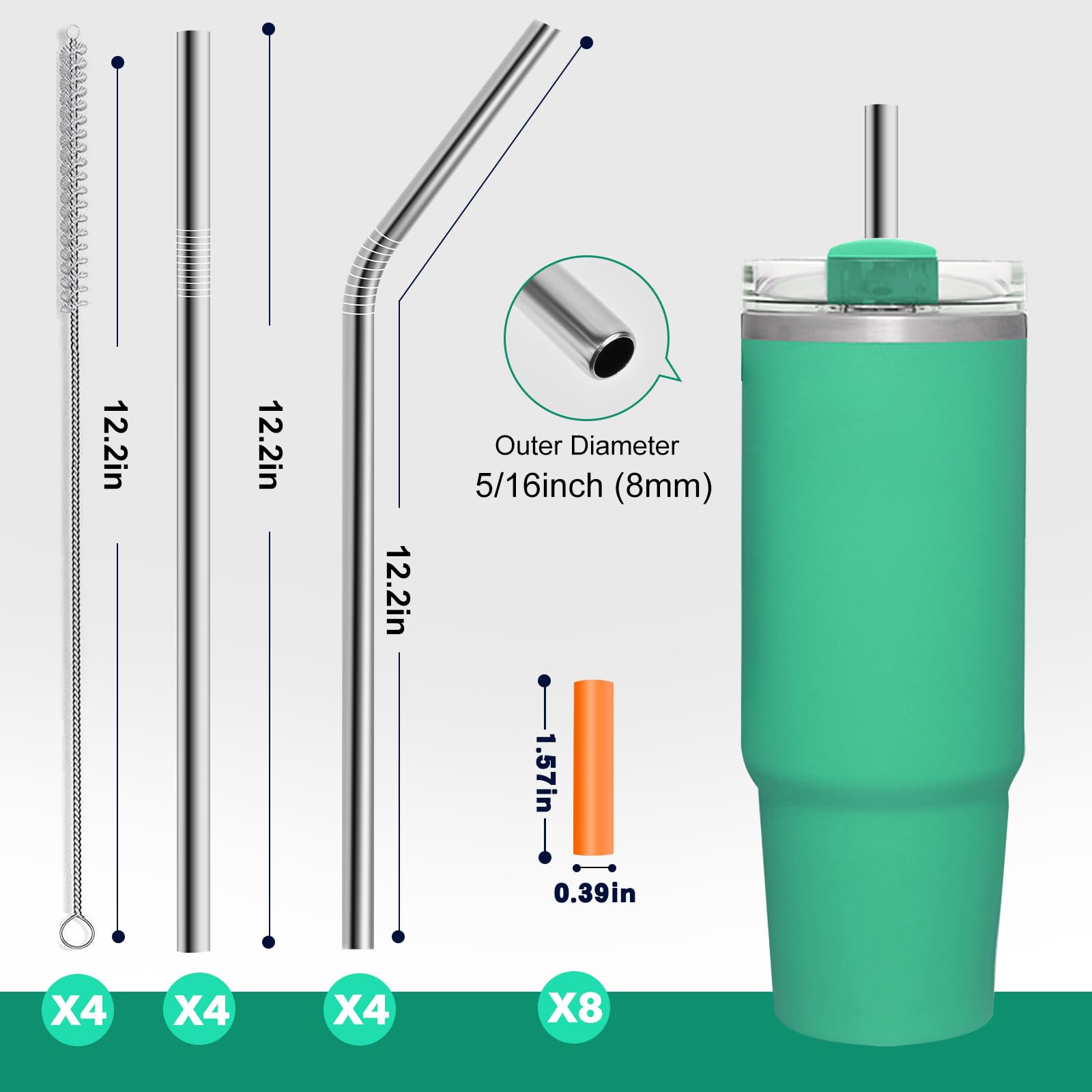 Stainless Steel Straw Replacement Fits for Stanley Adventure Travel Tumbler and Simple Modern 40 oz Tumblers - 8 Reusable Metal Straws with Silicone Tips and 4 Cleaning Brushes (Silver)