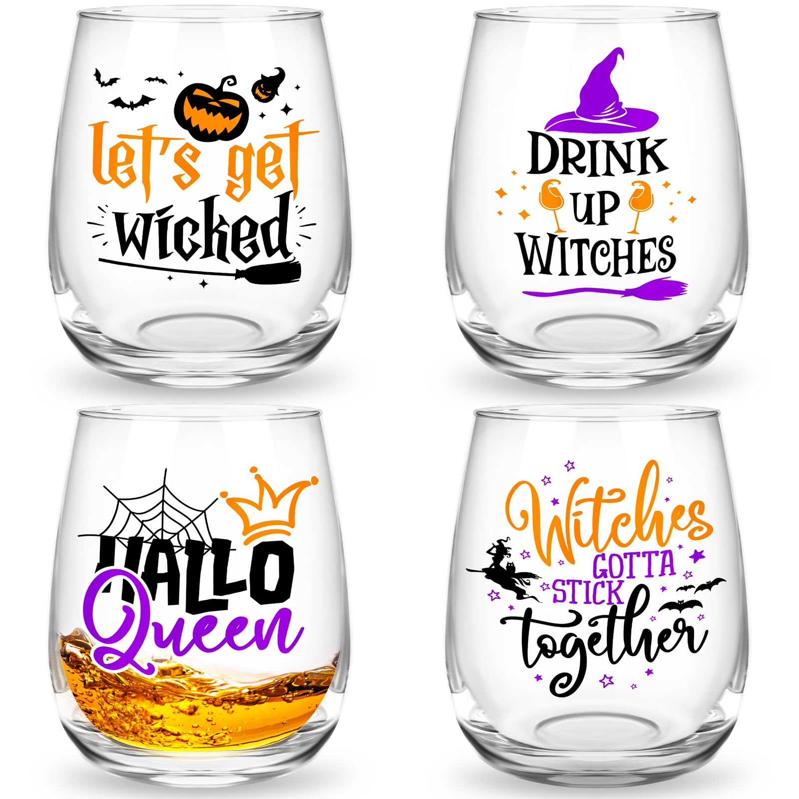 4 Pack Stemless Wine Glasses for Halloween, 15 Oz Funny Drinking Glasses Halloween Witch Cup Wine Glass Tumbler for Halloween Party Housewarming Gift Suitable Whiskey Cocktail Tea Water Juice