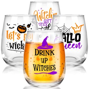 4 Pack Stemless Wine Glasses for Halloween, 15 Oz Funny Drinking Glasses Halloween Witch Cup Wine Glass Tumbler for Halloween Party Housewarming Gift Suitable Whiskey Cocktail Tea Water Juice