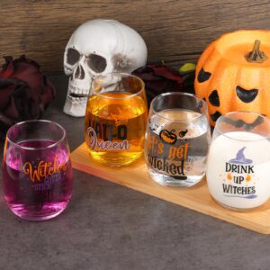 4 Pack Stemless Wine Glasses for Halloween, 15 Oz Funny Drinking Glasses Halloween Witch Cup Wine Glass Tumbler for Halloween Party Housewarming Gift Suitable Whiskey Cocktail Tea Water Juice